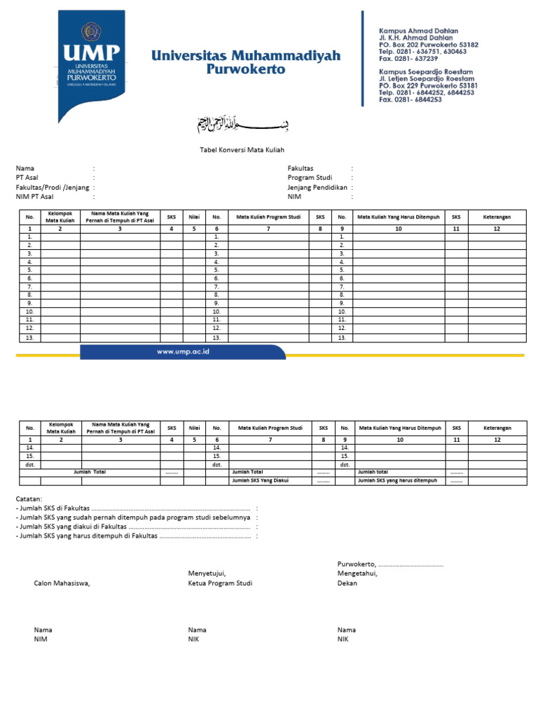 Tabel Konversi Mata Kuliah UMP | PDF