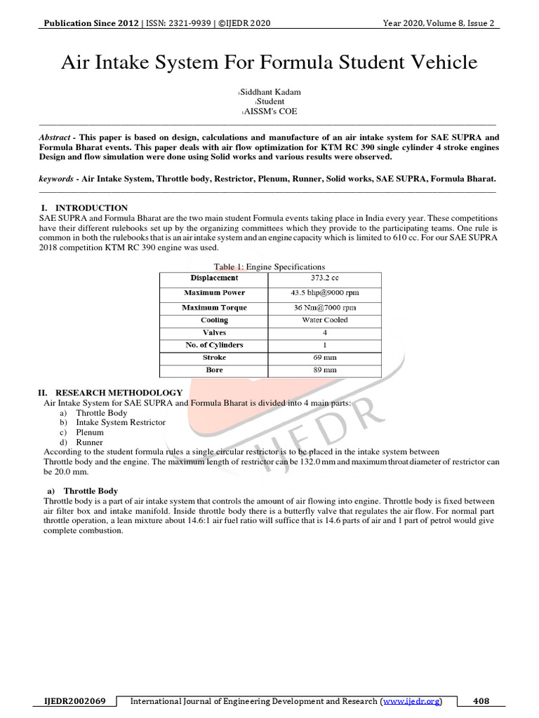 Air Intake System For Formula Student Vehicle | Download Free PDF ...