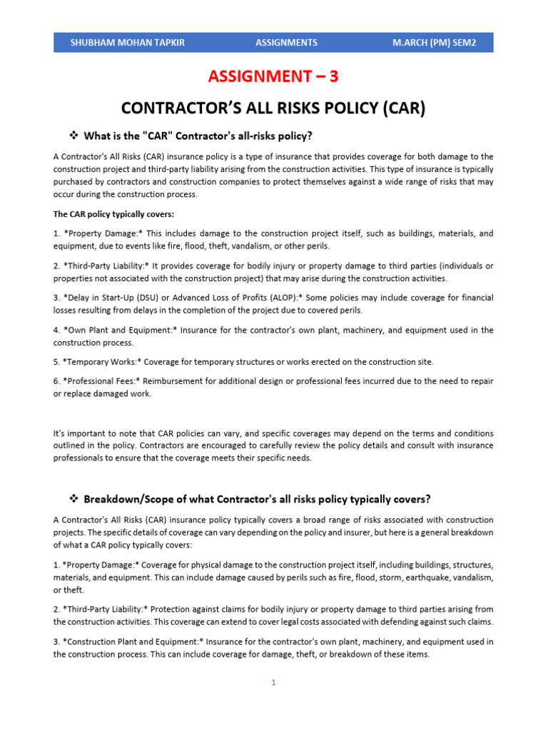 Assigment 3 Car Policy | PDF | Insurance | Risk Management