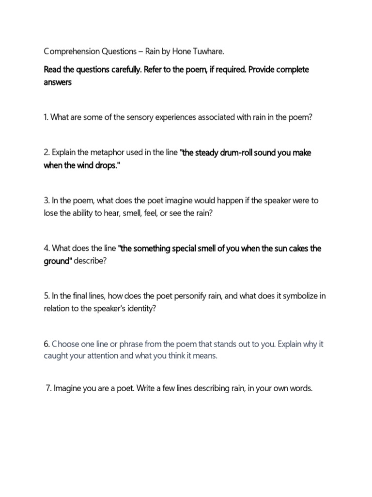 Rain Comprehension Questions | PDF