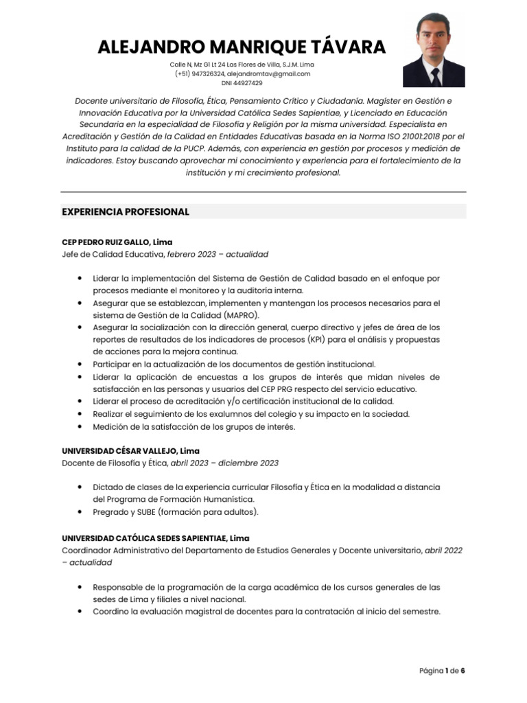 Alejandro Manrique - Hoja de Vida | PDF | Sistema de manejo de calidad ...