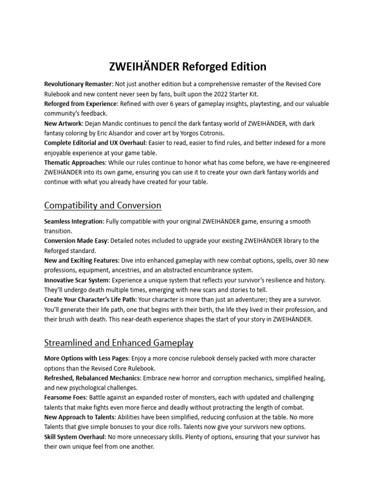 ZWEIHANDER Reforged Edition Features Overview | PDF | Gaming