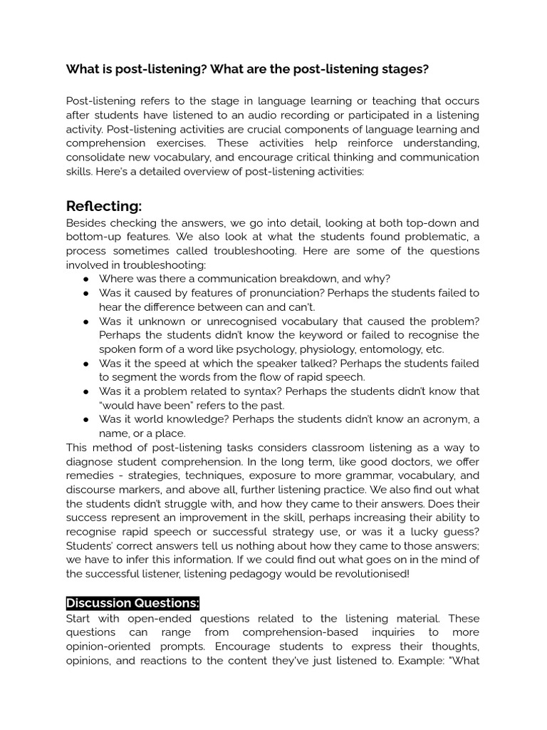 Post-Listening Activities Overview | PDF | Reading Comprehension ...