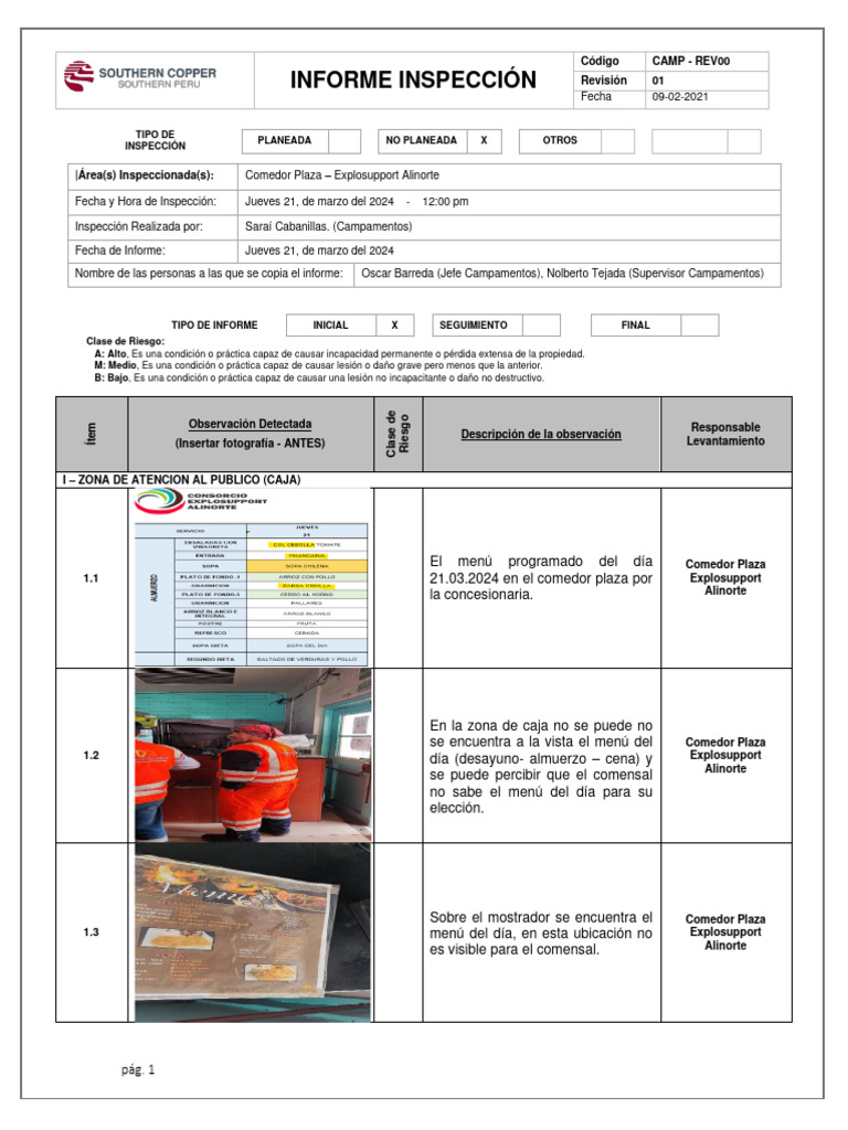 Informe de Inspección Comedor Plaza | PDF