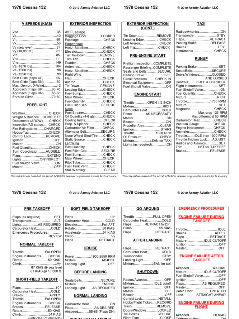 1978 Cessna 152 Checklist Guide | PDF | Carburetor | Throttle