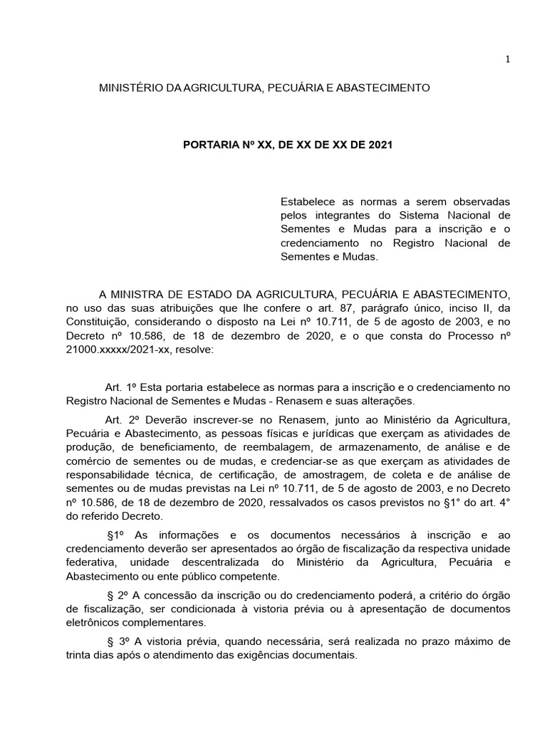 Minuta Portaria RENASEM 30.11 2021 | PDF | Finanças e Administração de ...