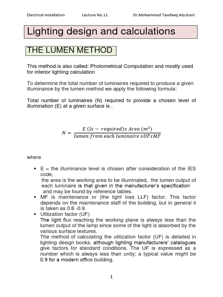 1.1 Lighting Calculations | PDF | Lighting | Light