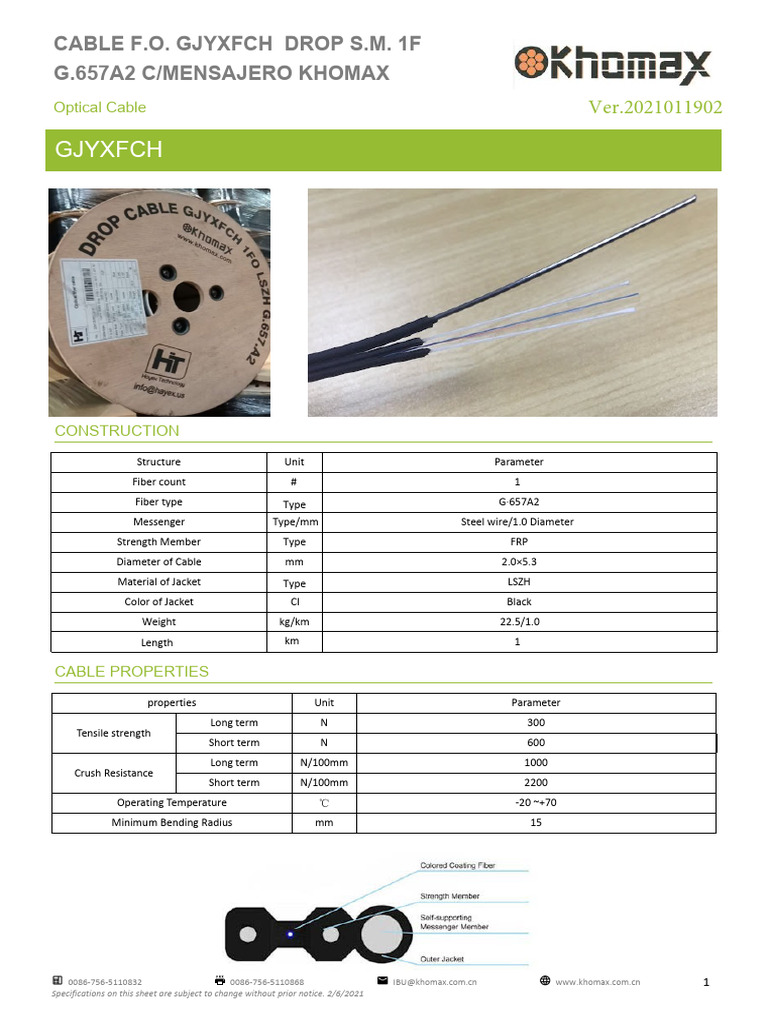 Datasheet - 1f Gjyxfch Drop S.M. G.657.a2 1km 2022 | PDF