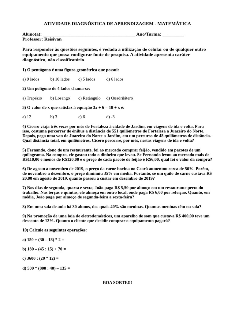 Atividade Diagnóstica de Matemática - Eja | PDF