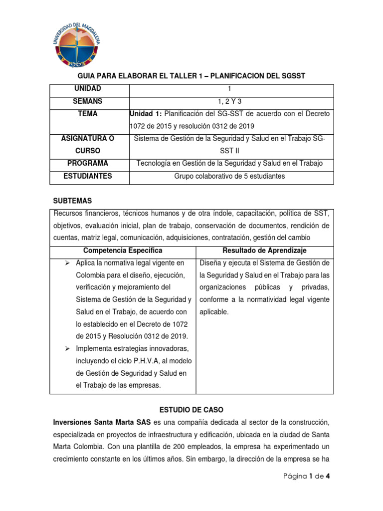 Guía para Taller 1 - Planificación Del SG-SST | PDF