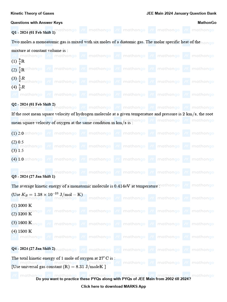 Kinetic Theory of Gases - JEE Main 2024 January-Pages-1 | PDF | Gases ...