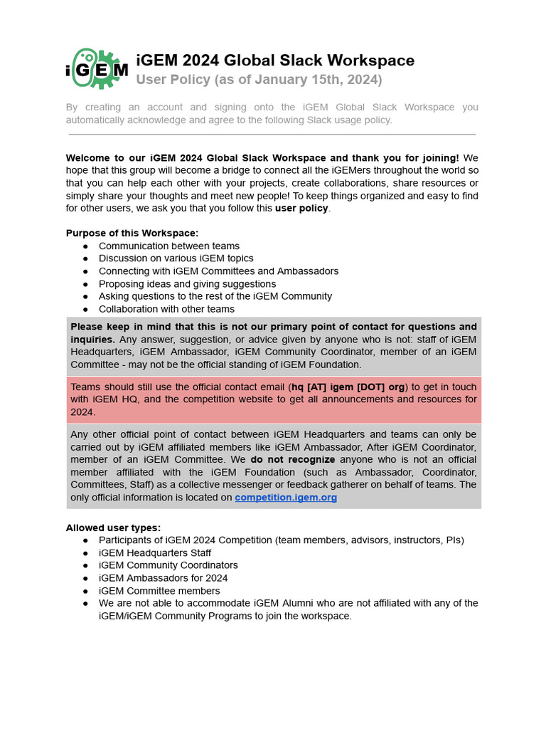 Igem 2024 Global Slack Workspace User Policy | PDF | Internet Forum ...