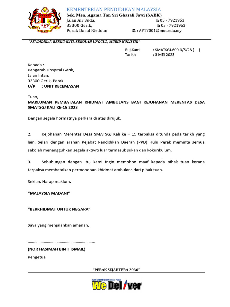 Surat Makluman Penangguhan Program HOSPITAL GERIK 2022 | PDF