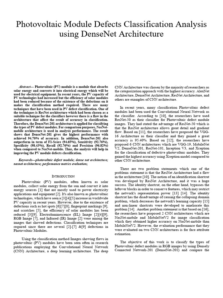 Photovoltaic Module Defects Classification Analysis Using Densenet Architecture | PDF ...