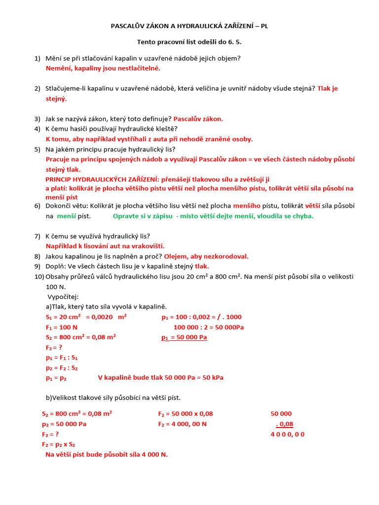 PASCALUV ZAKON A HYDRAULICKA ZARIZENI - Reseni | PDF