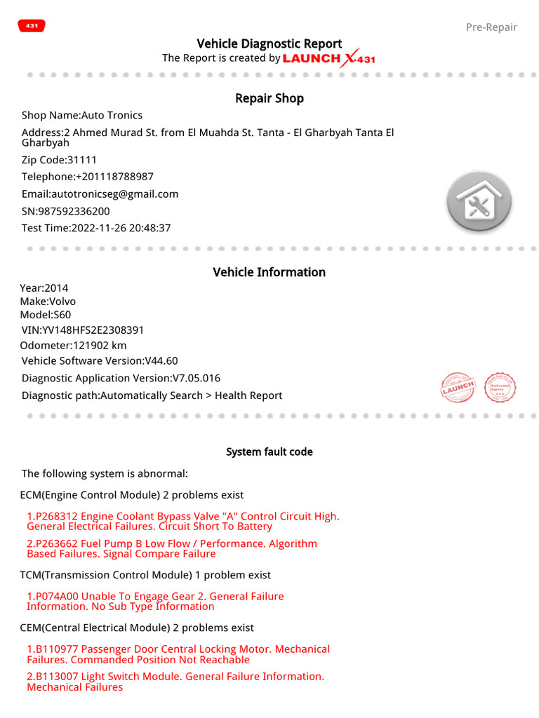 Volvo S60 Diagnostic Report Summary | PDF | Finance & Money Management ...