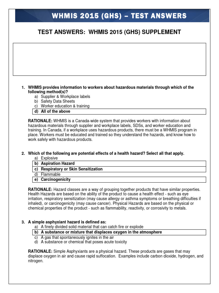 WHMIS 2015 Supplement Test ANSWERS | PDF | Toxicity | Hazards