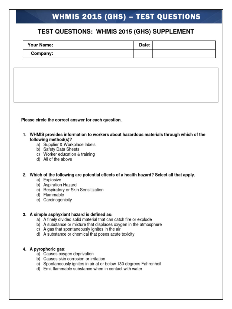 WHMIS 2015 Supplement Test QUESTIONS1 | PDF | Toxicity | Workplace