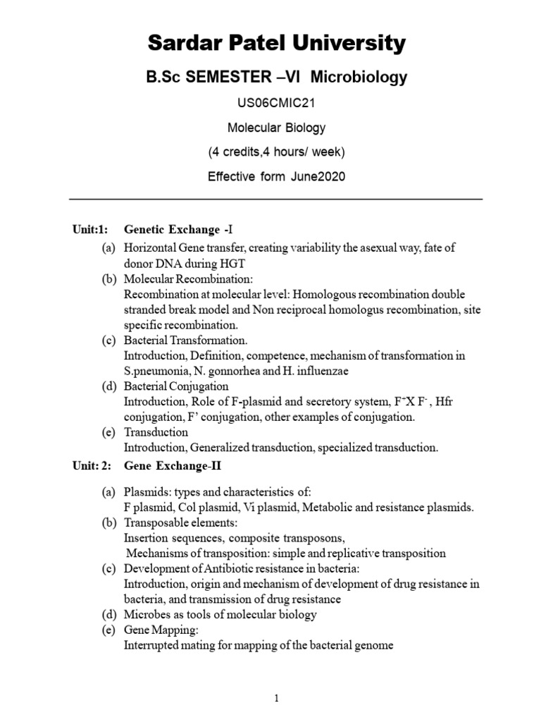 Detail Syllabus BSC (Microbiology) Sem 6 | PDF | Plasmid | Molecular ...