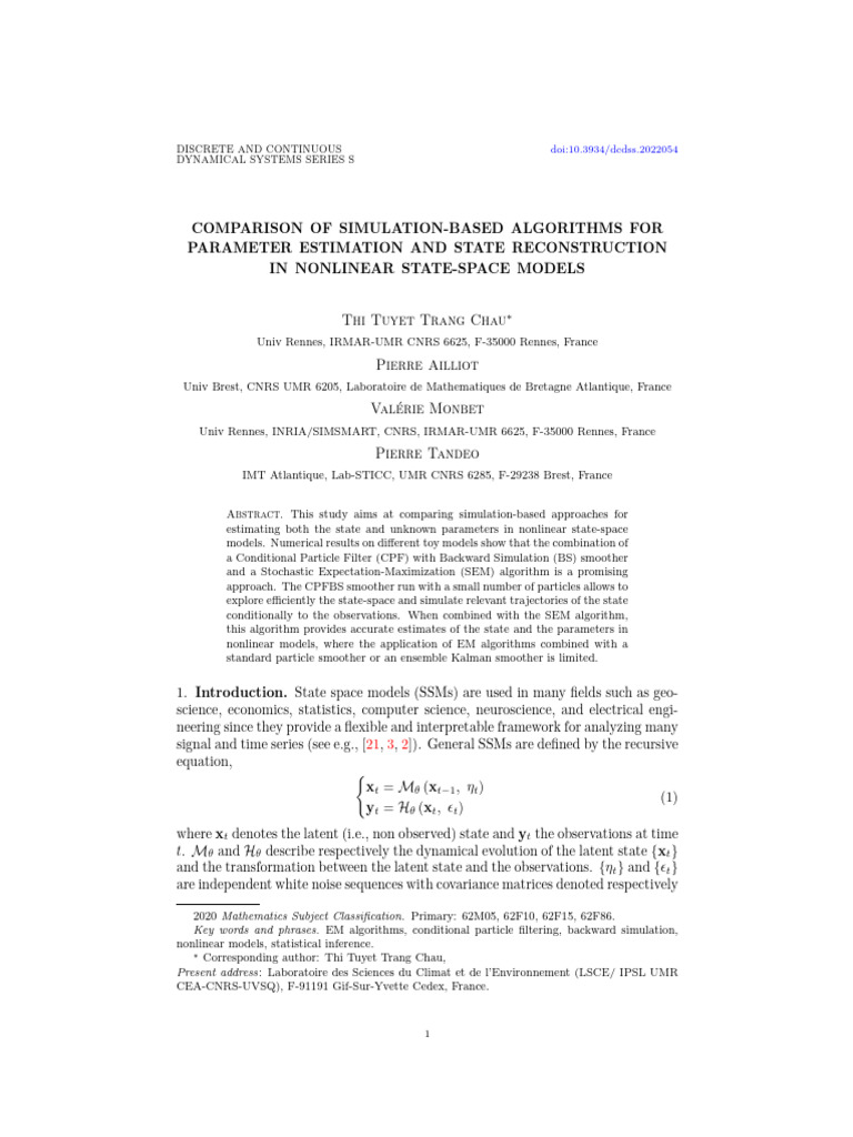 Discrete and Continuous Dynamical Systems Series S: Doi:10.3934/dcdss.2022054 | PDF | Kalman ...