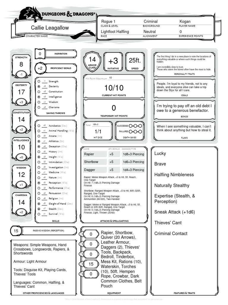 Callie Leagallow, Female N Lightfoot Halfling Rogue | PDF