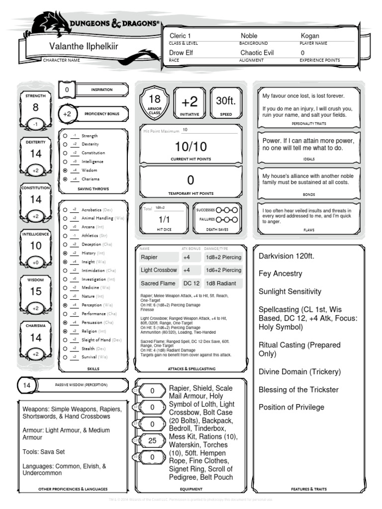 Drow Elf Cleric Character Sheet | PDF | Gary Gygax Games | Dungeons ...