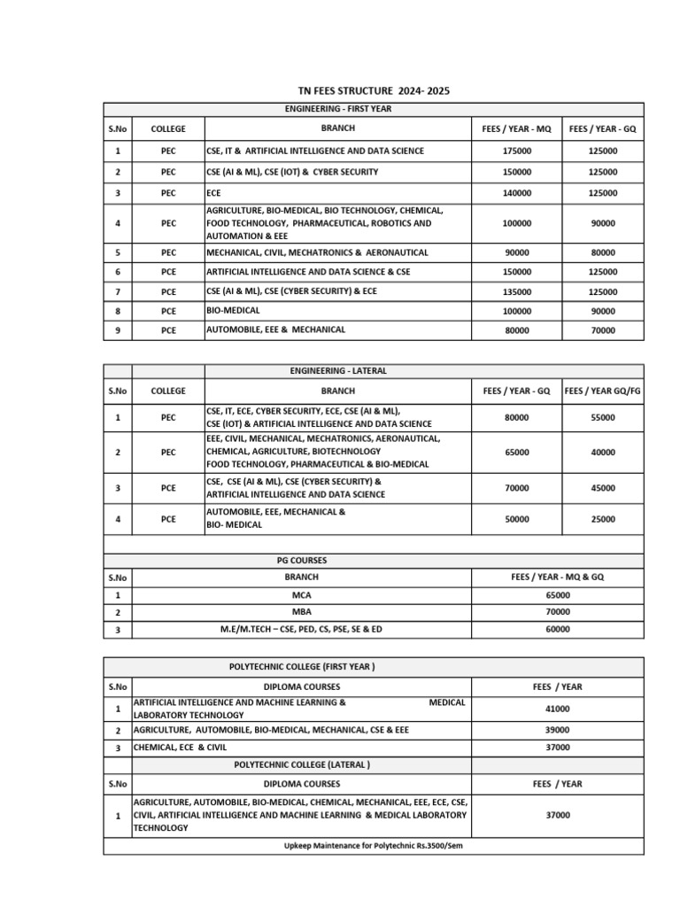 TN Fees Structure 24-25 | PDF | Mechatronics | Artificial Intelligence