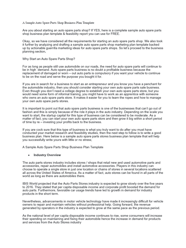 A Sample Auto Spare Parts Shop Business Plan Template | PDF | Retail ...
