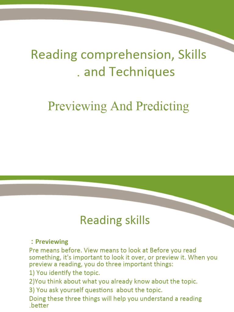 Reading Comprehension SkillsANDpredicting and Previewing | PDF