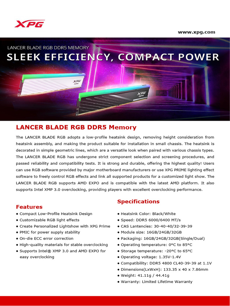 XPG Lancer Blade Rgb DDR5 V2 | PDF | Computing | Computer Engineering