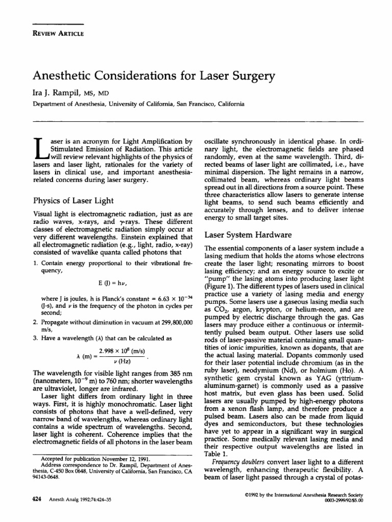 Anesthesia Considerations for Laser Surgery | PDF | Laser | Light