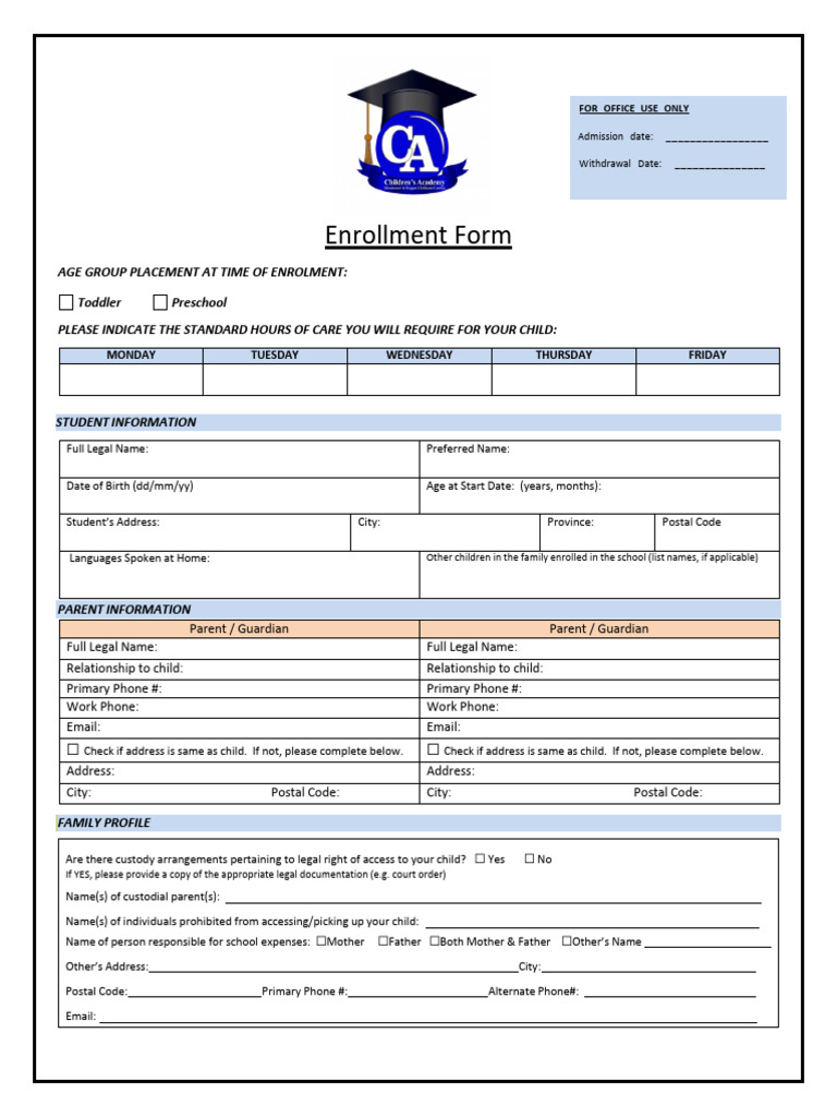 London Children's Academy Enrolment Forms 2023 | PDF | Fee | Child Care