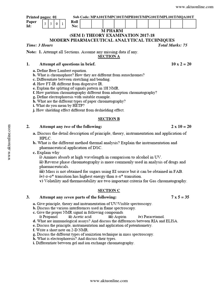 Mpharm 1 Sem Modern Pharmaceutical Analytical Techniques Mpa101t 2018 | PDF | High Performance ...