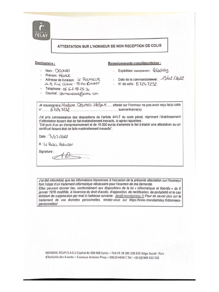 Attestation Sur L'honneur de Non Reception de Colis | PDF