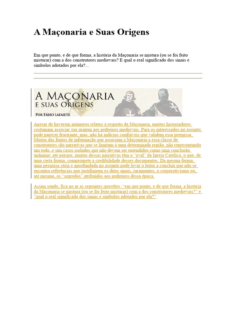 A Maçonaria e Suas Origens | PDF