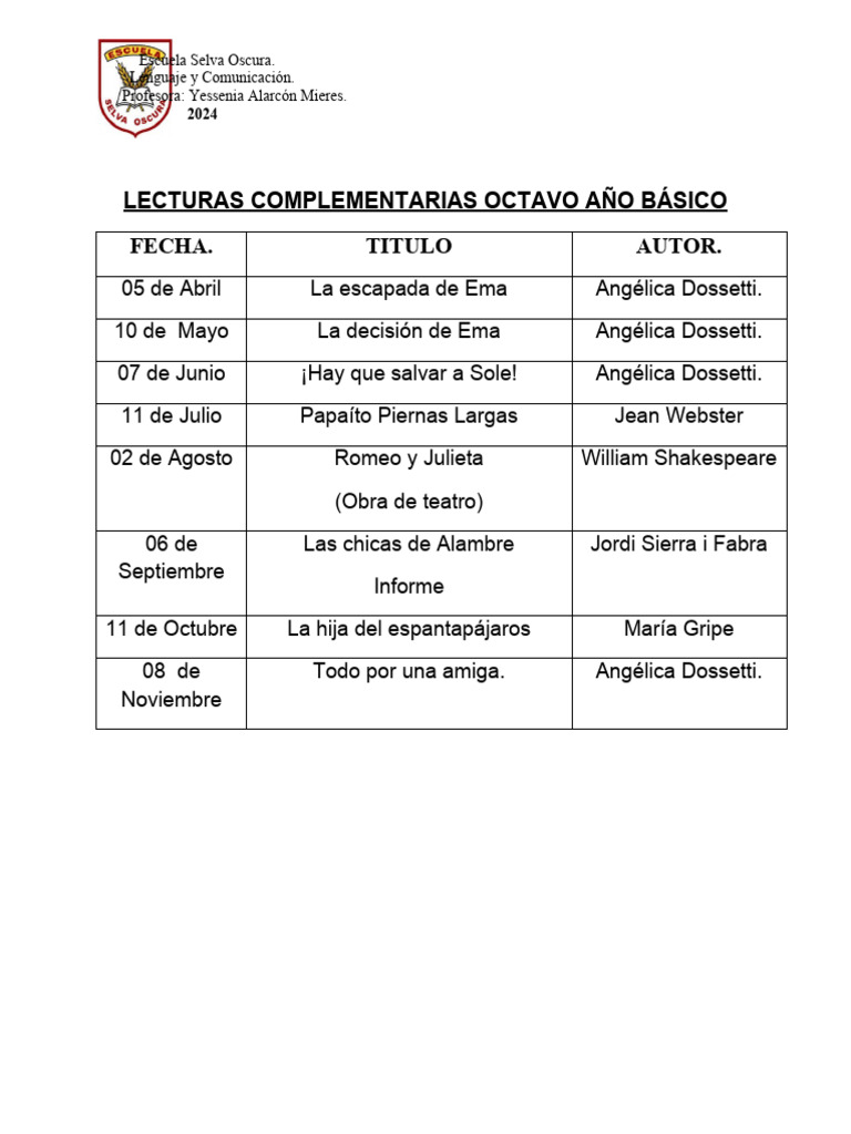 LECTURAS COMPLEMENTARIAS Octavo 2024 | PDF