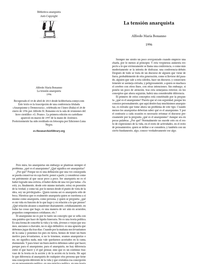 Alfredo Maria Bonanno La Tension Anarquista - LT | PDF | Anarquismo ...
