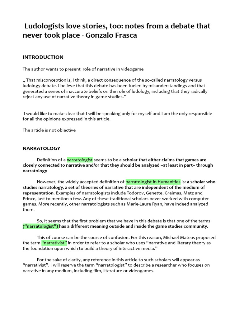 Ludologists Love Stories, Too: Notes From A Debate That Never Took ...