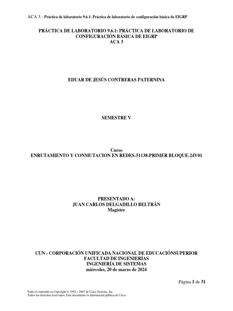 ACA 3 Práctica de Laboratorio 9.6.1 - Práctica de Laboratorio de Configuración Básica de EIGRP ...