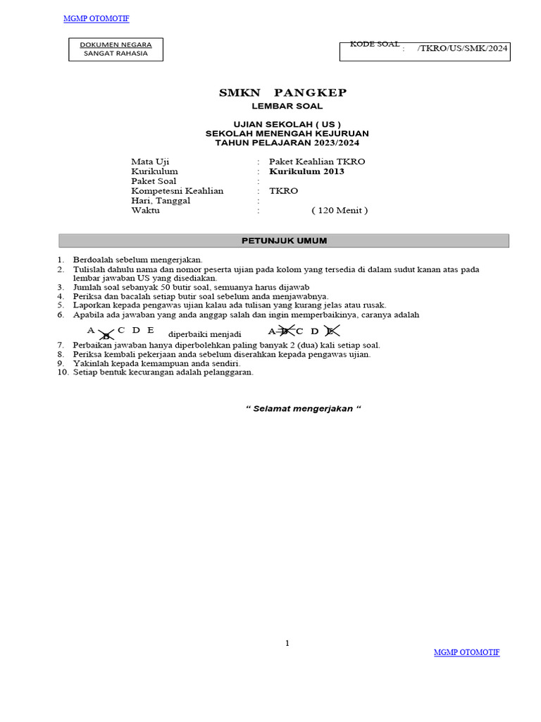 SOAL US Utama TKRO 2024 | PDF