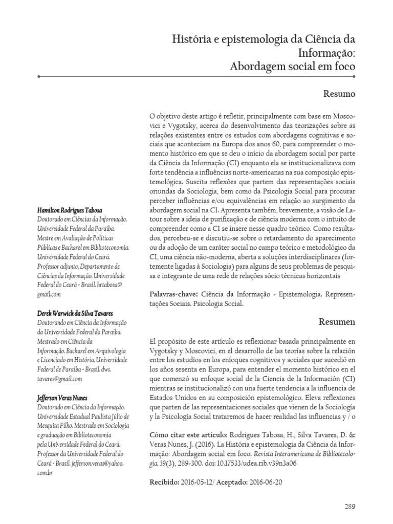 TABOSA, Hamilton Rodrigues. História e Epistemologia Da Ciência Da ...