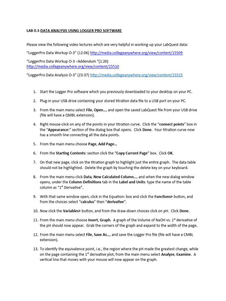 Lab 0.3-Procedure For Data Analysis Using LoggerPro | PDF | Titration | Chemistry