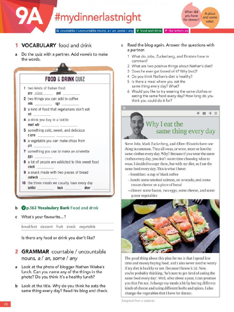 9A Mydinnerlastnight + Vocabulary Bank | PDF