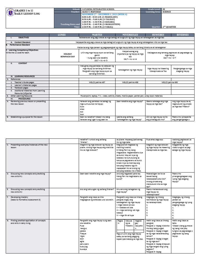 DLL - Science 3 - Q2 - W4 | PDF