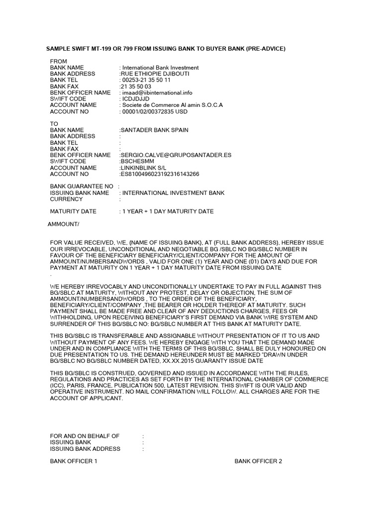Sample Swift MT-199 or 799 From Issuing Bank To Buyer Bank ( | PDF ...