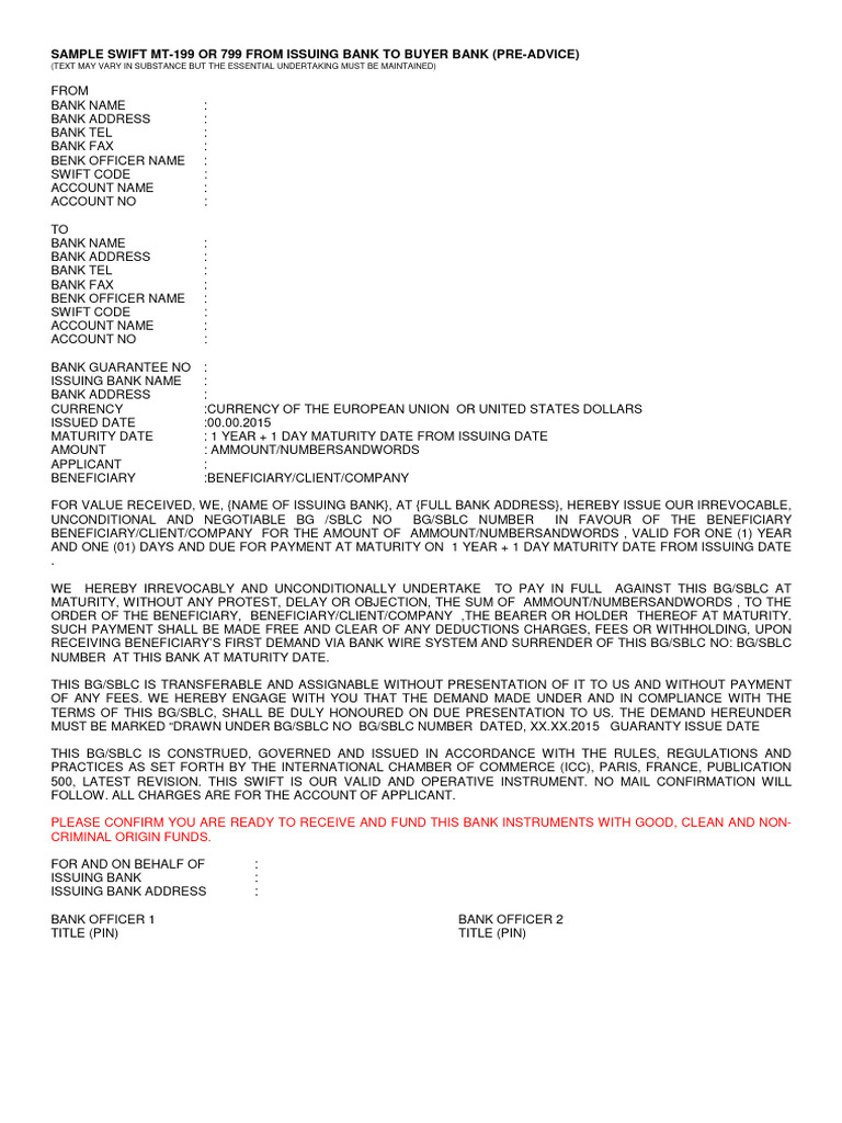 mt199 Form | Download Free PDF | Letter Of Credit | Banks
