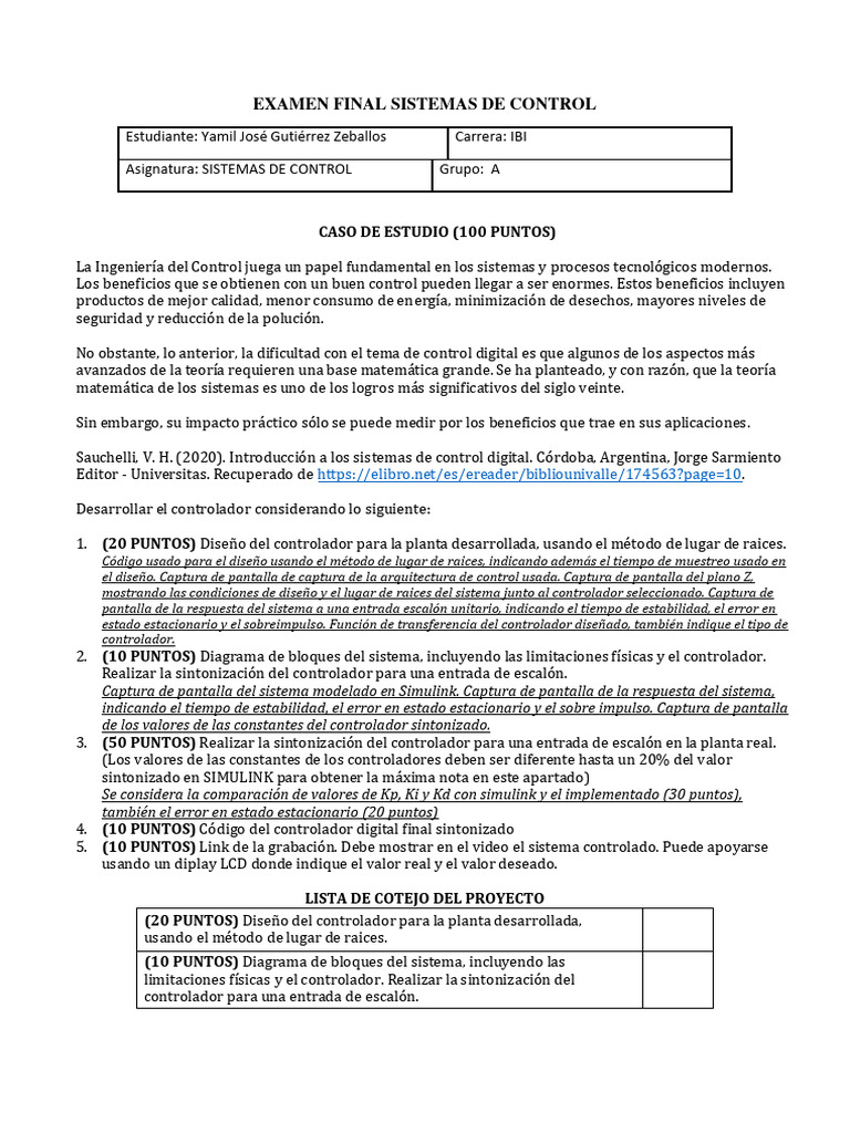 Hoja de Solucion Ef Sistemas de Control 2023 | PDF | Sistema de control | Diseño