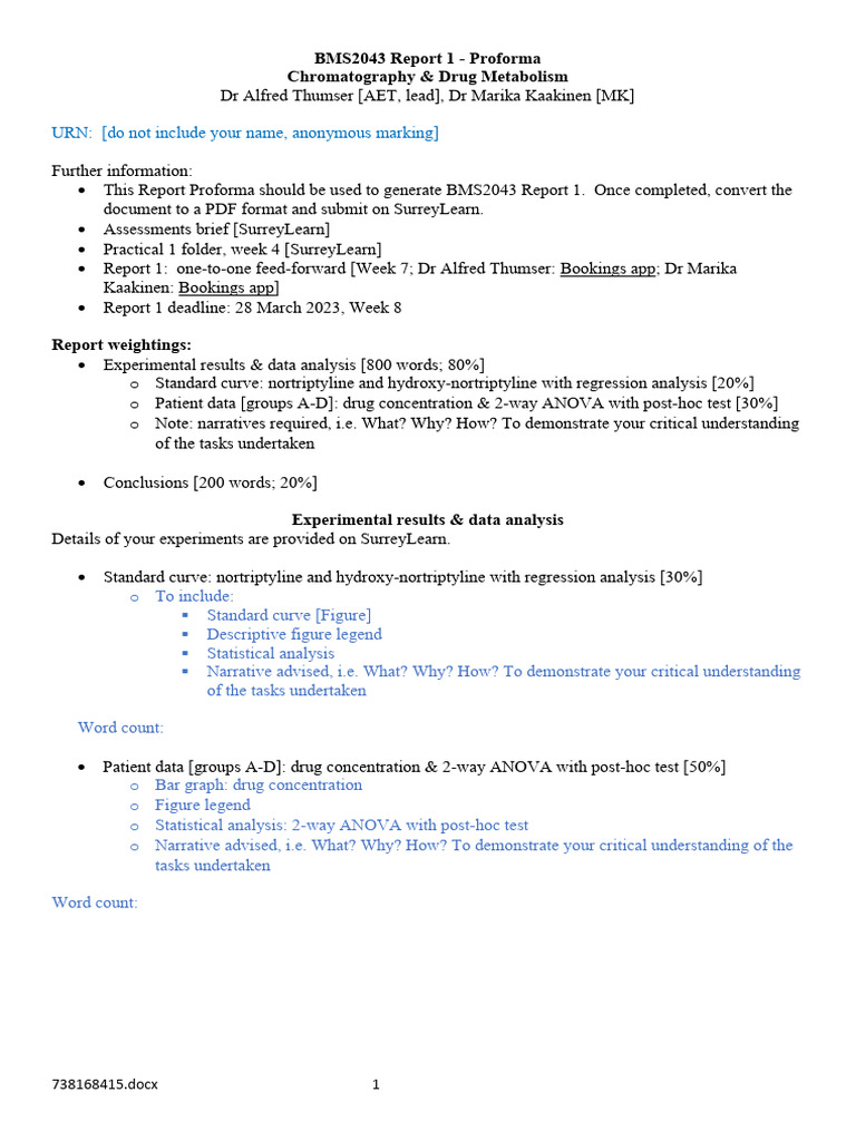 BMS2043 - Chromatography - Drug Metabolism - Report Proforma - Student ...