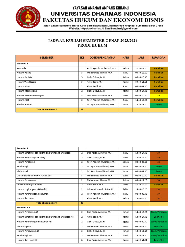 JADWAL KULIAH HUKUM GENAP 2023 - 2024 Fix | PDF
