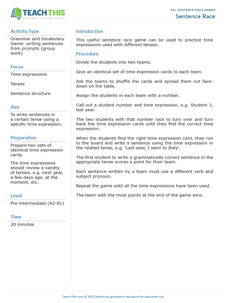 Sentence Race | PDF | Grammatical Tense | Linguistic Morphology